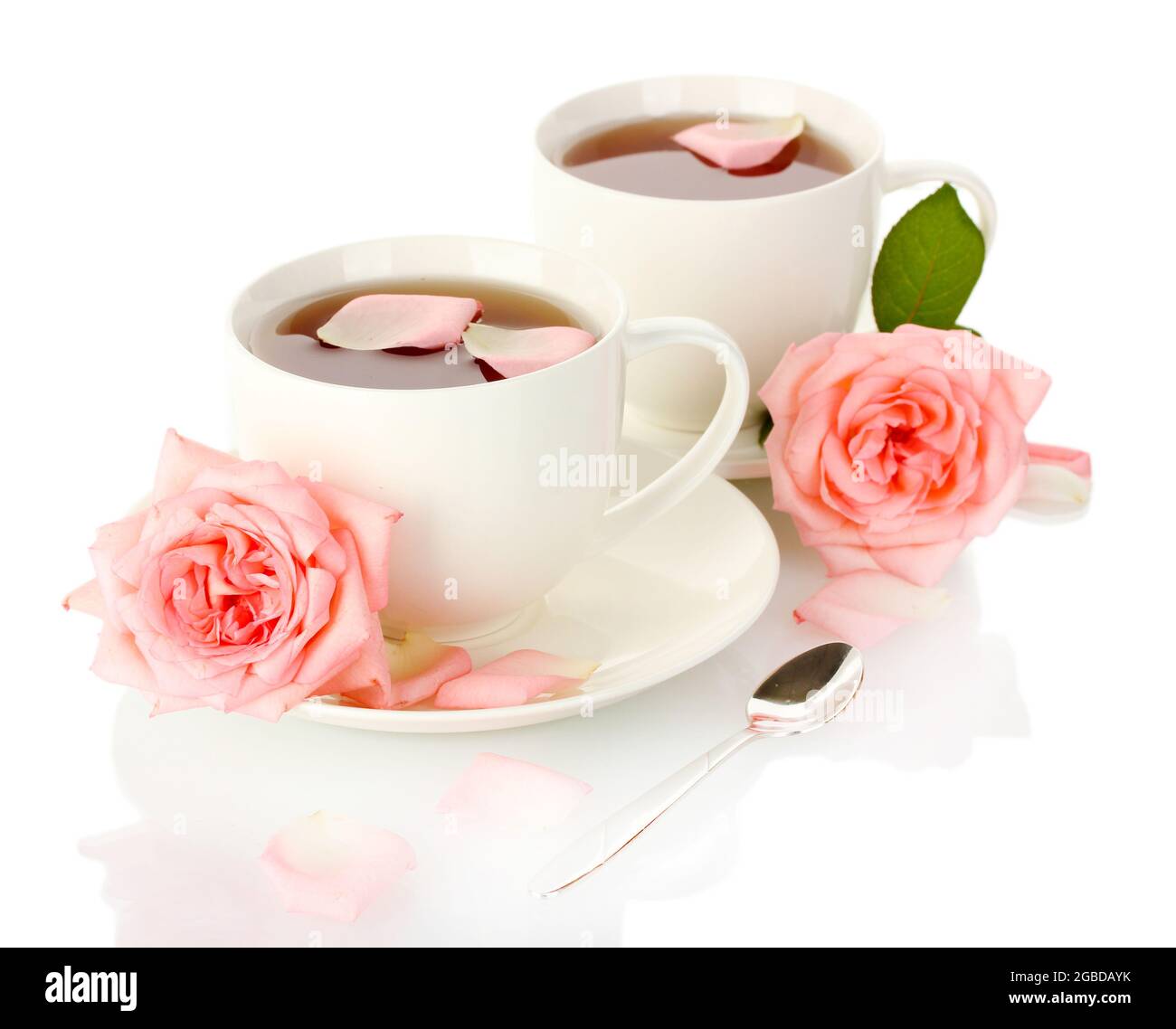 cups of tea with roses isolated on white Stock Photo - Alamy