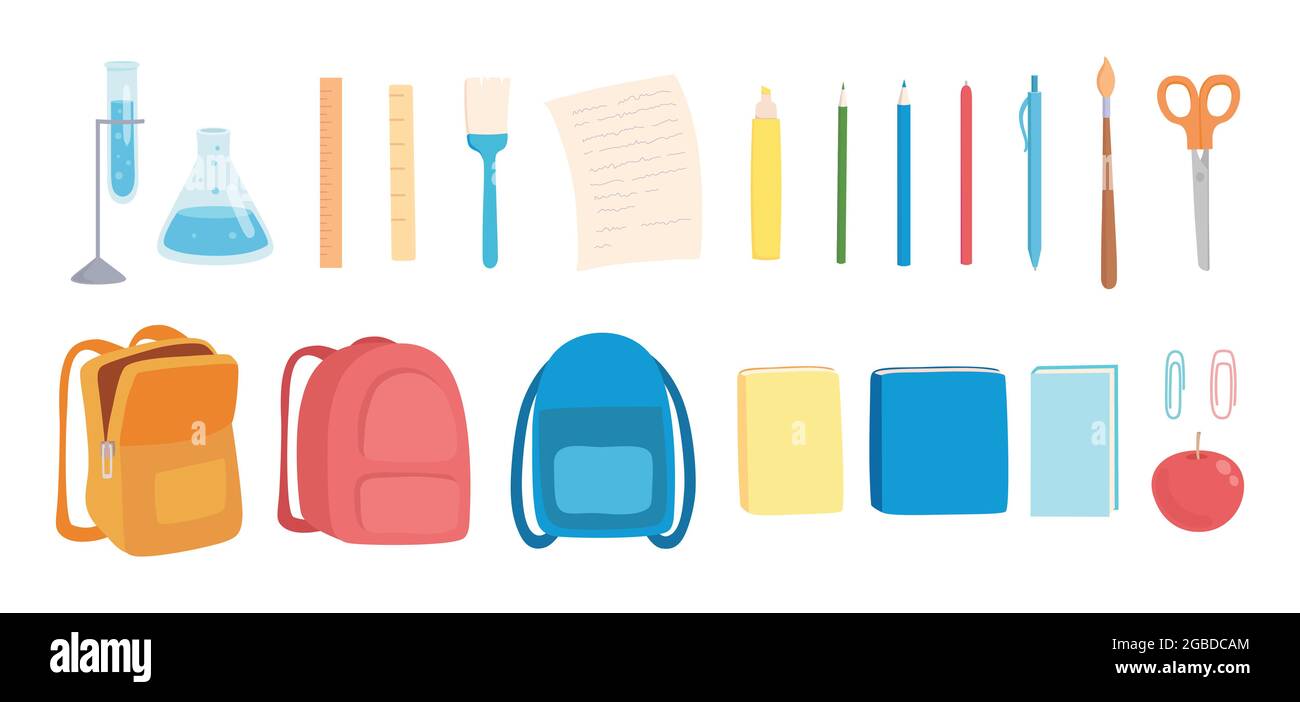 Set of school supplies vector illustration. Different learning ...