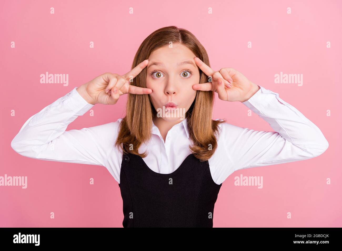 Photo of sweet impressed school girl wear black white uniform lips ...