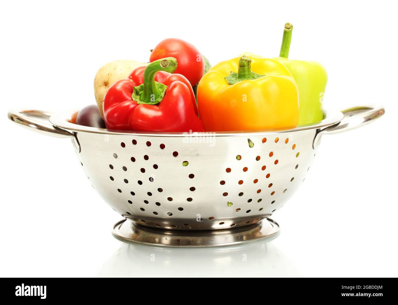 fresh vegetables in silver colander isolated on white Stock Photo - Alamy