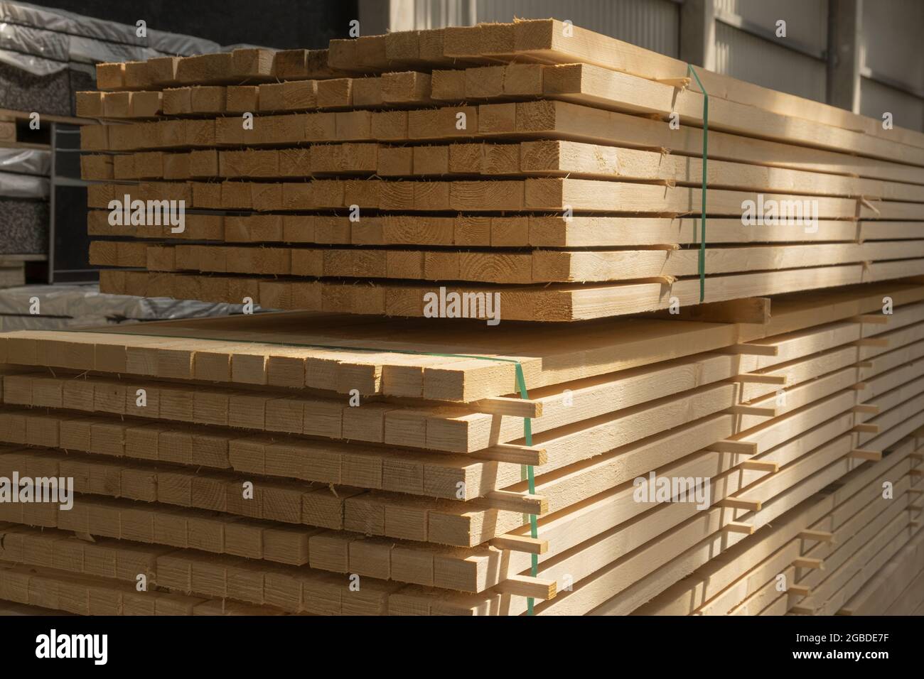 Wooden planks. Wood for air drying timber stack. Hardware store or ...