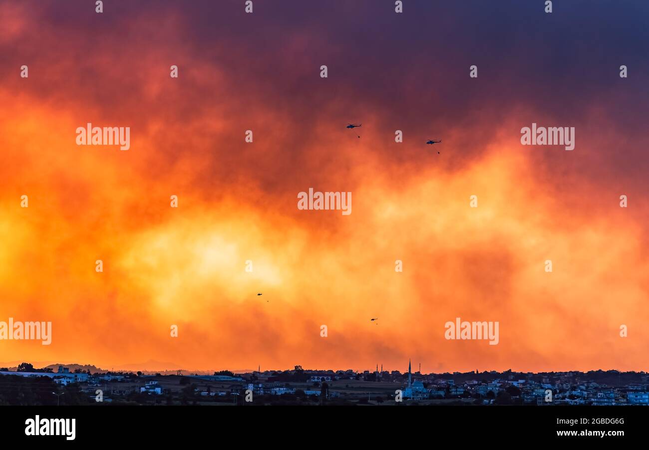 Fire in Manavgat Antalya Turkey, fire fumes and smokes in the city ...