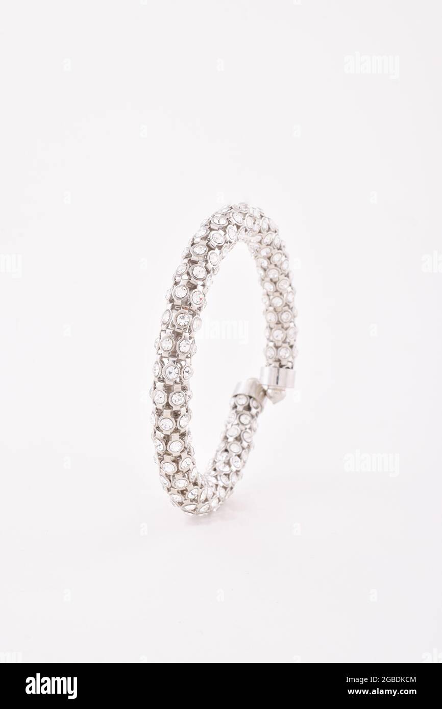 Silver Diamond Bangle Isolated On White Background Stock Photo - Alamy