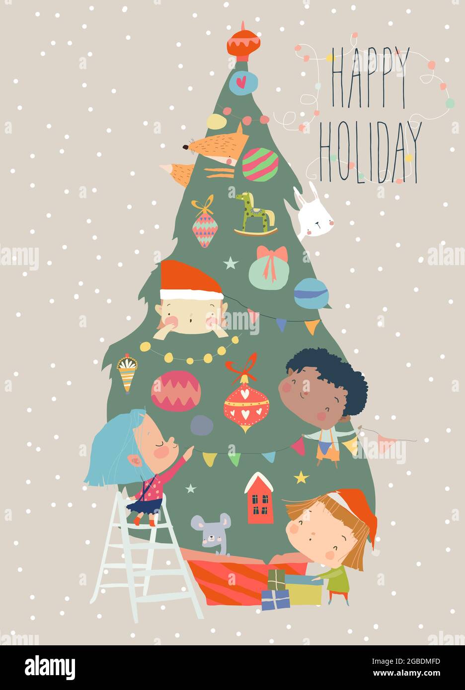 Happy Cartoon Kids decorating Christmas Tree. Happy Holiday Stock ...