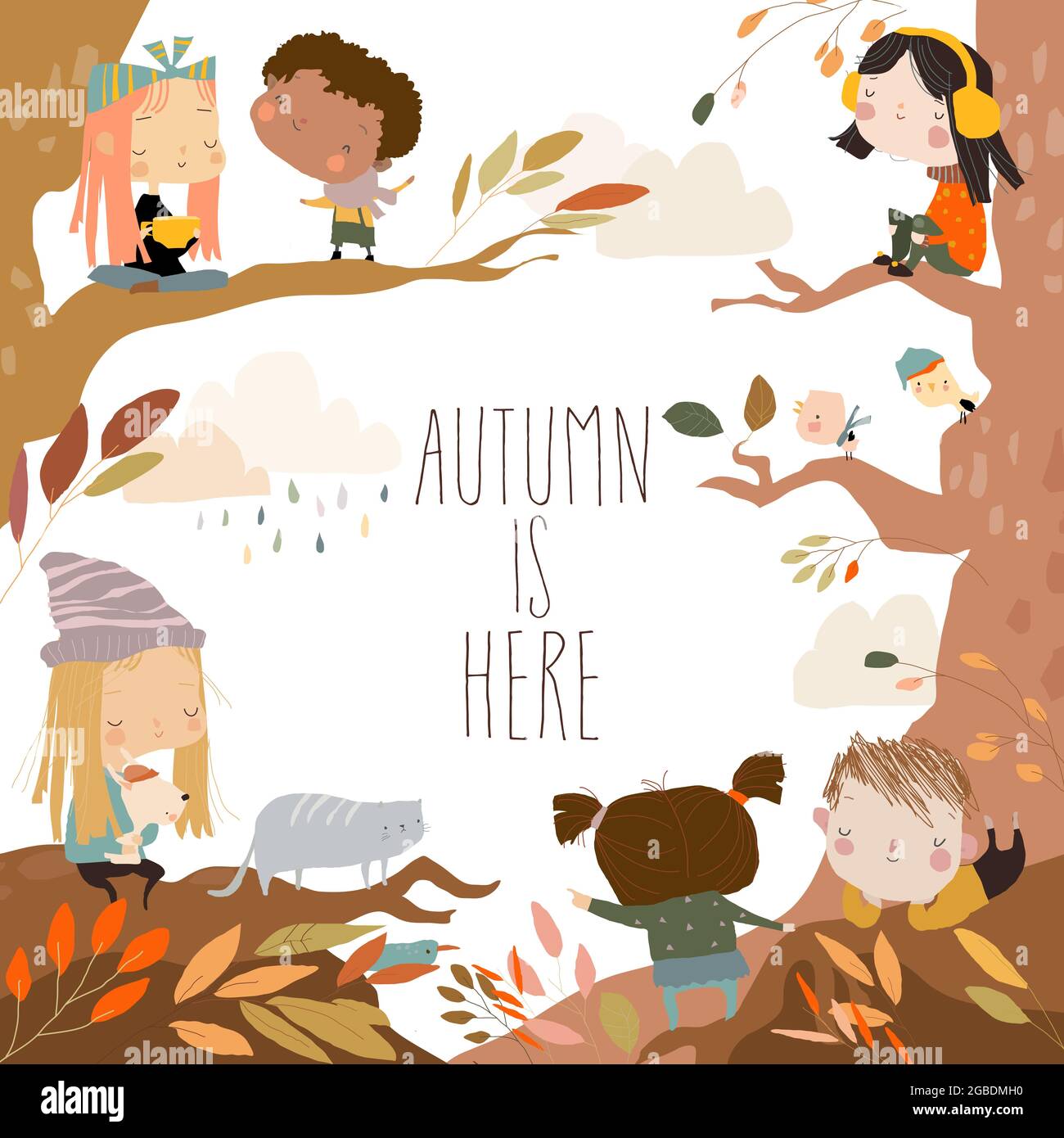 Cute Cartoon Children having fun in Autumn Forest Stock Vector Image ...