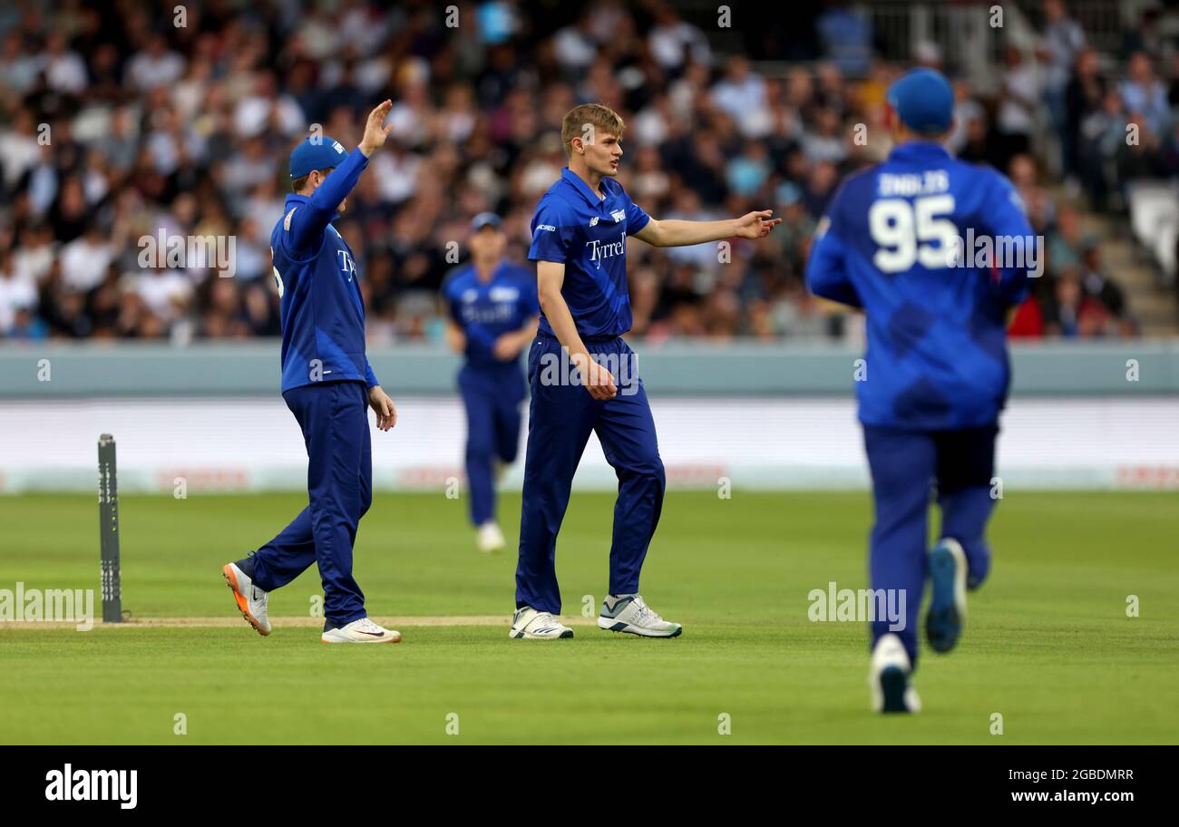 London Spirit’s Blake Cullen (centre) celebrates with his team mates ...