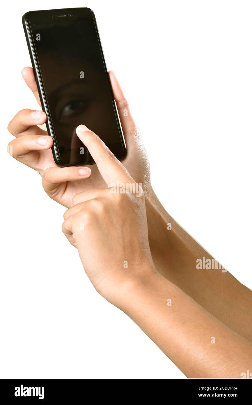 Using and Touching Hand Holding Smartphone on White Background Stock ...
