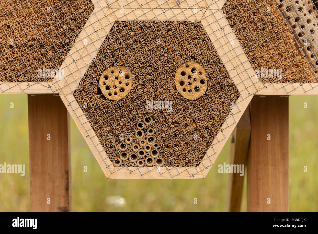 Insect hotel detail made of natural materials like wood with holes ...