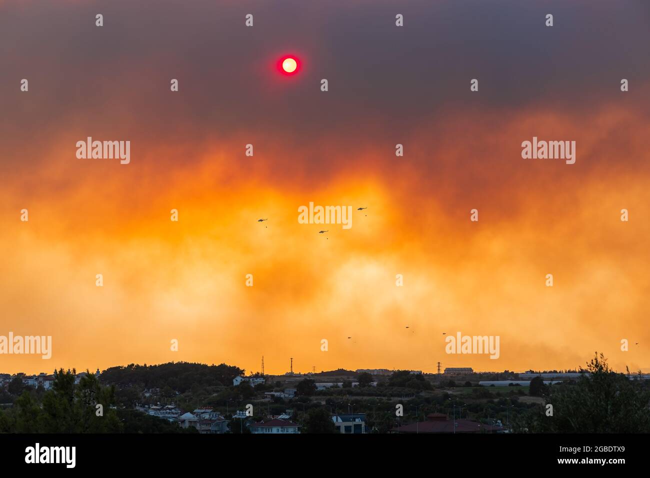 Fire in Manavgat Antalya Turkey, fire fumes and smokes in the city ...