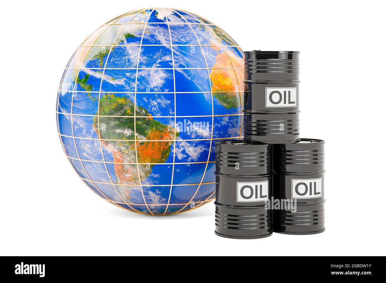 Oil barrels with Earth Globe. Oil production or trade in the world ...