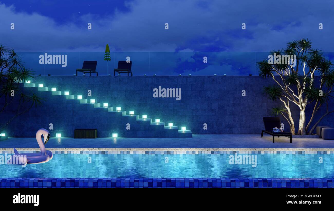 Swimming pool and lounge chairs in modern luxury villa exterior in ...