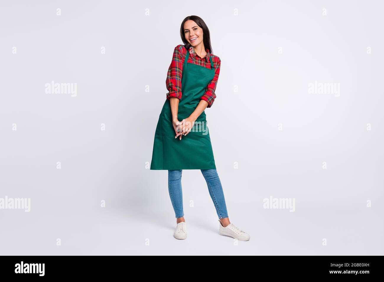 Full size photo of lovely sweet young woman professional waitress ...