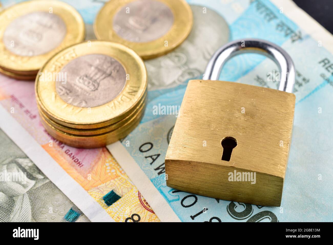 Payment Security Concept, Indian Currency with Lock Stock Photo - Alamy