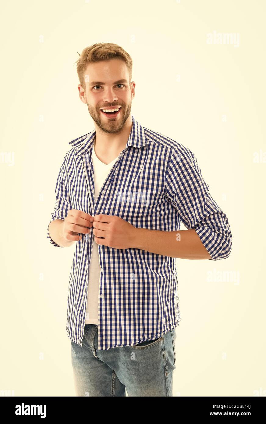 his perfect style. casual male fashion style. unshaven guy has groomed ...