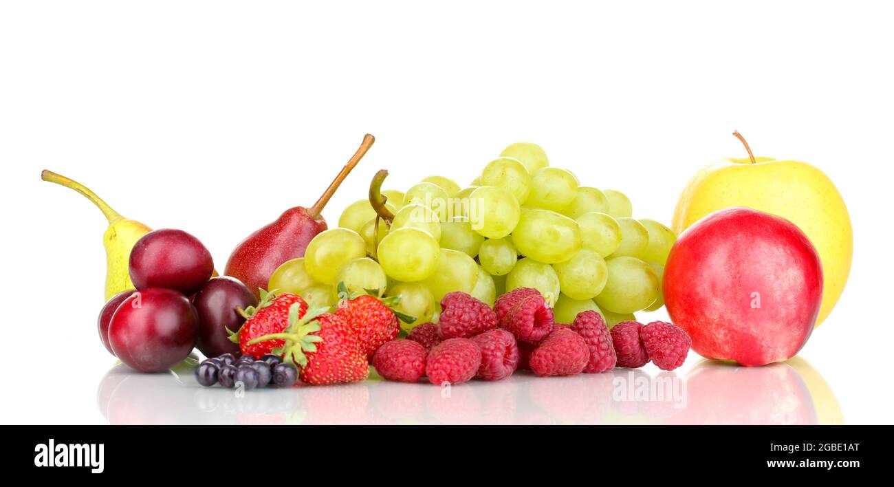 Mix of ripe sweet fruits and berries isolated on white Stock Photo - Alamy