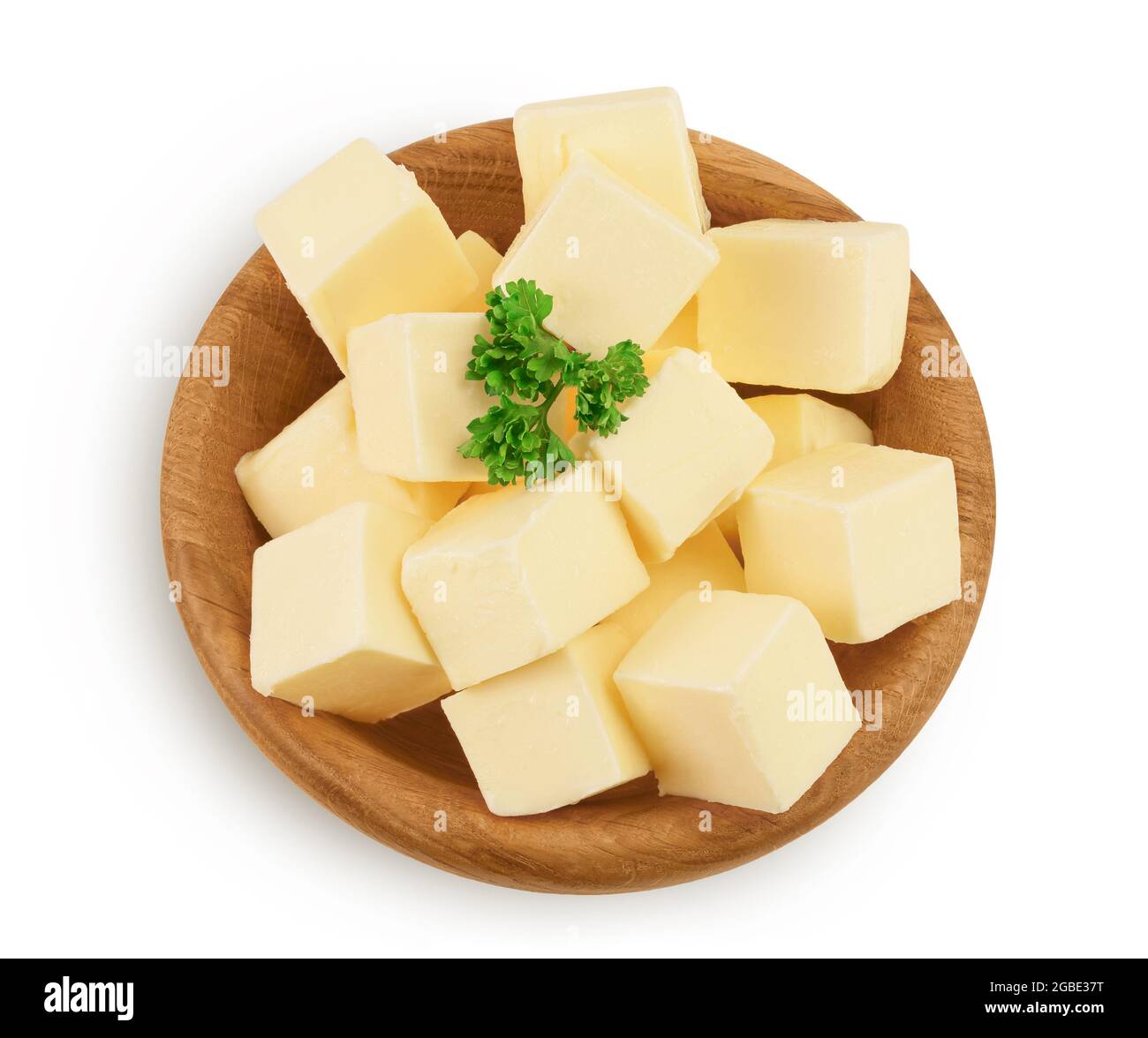 butter cubes in wooden bowl isolated on white background with clipping ...