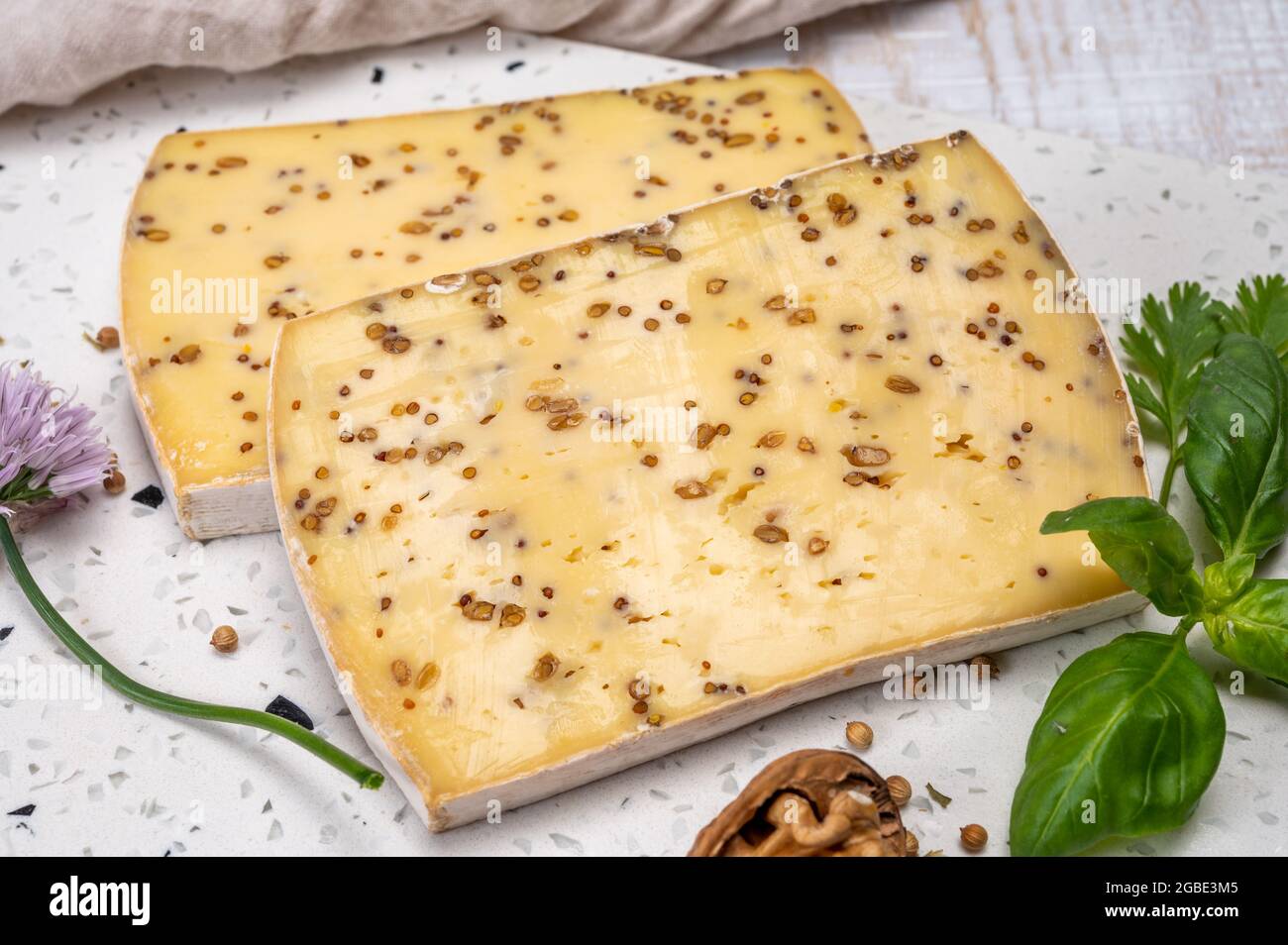 Cheese collection, matured yellow cow cheese with mustard seeds from ...