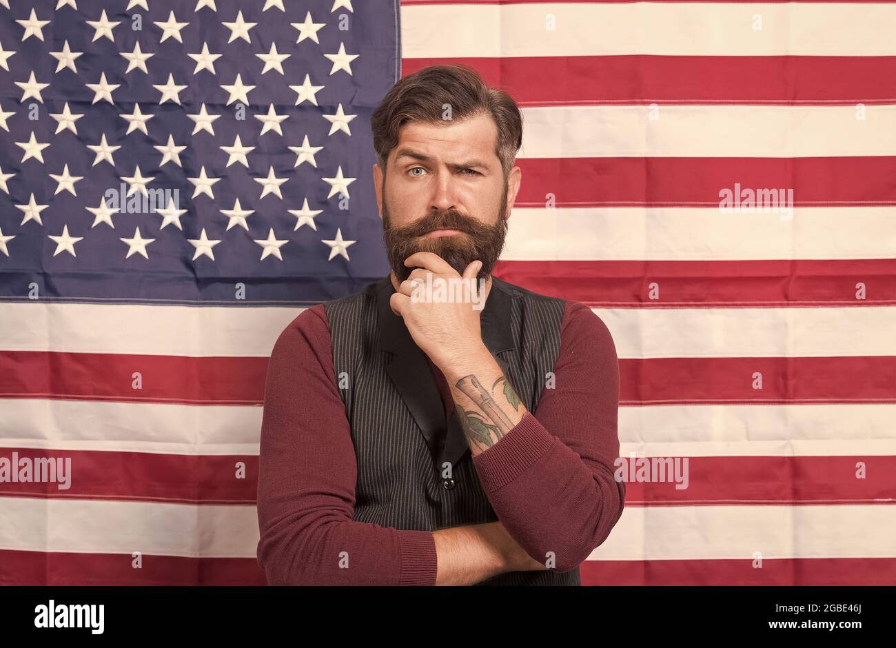 Cultural identity. American man celebrate holiday. Promoting american ...