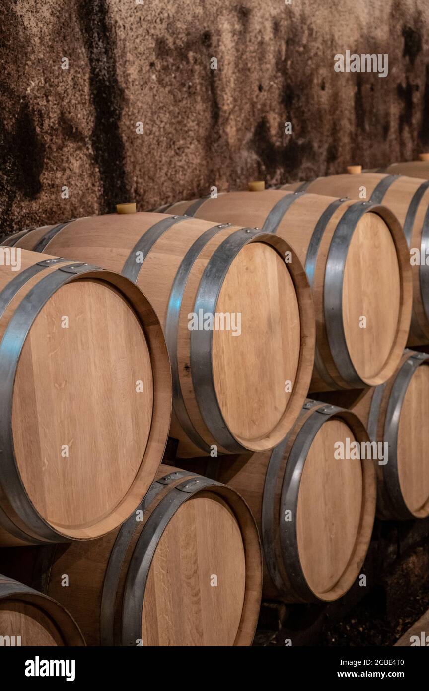 Keeping for years of dry red wine in new oak barrels in caves in ...