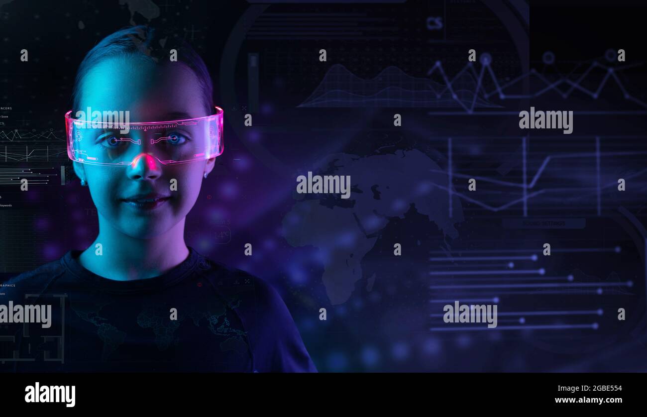 Conceptual portrait of a young, cute girl with a futuristic technology ...