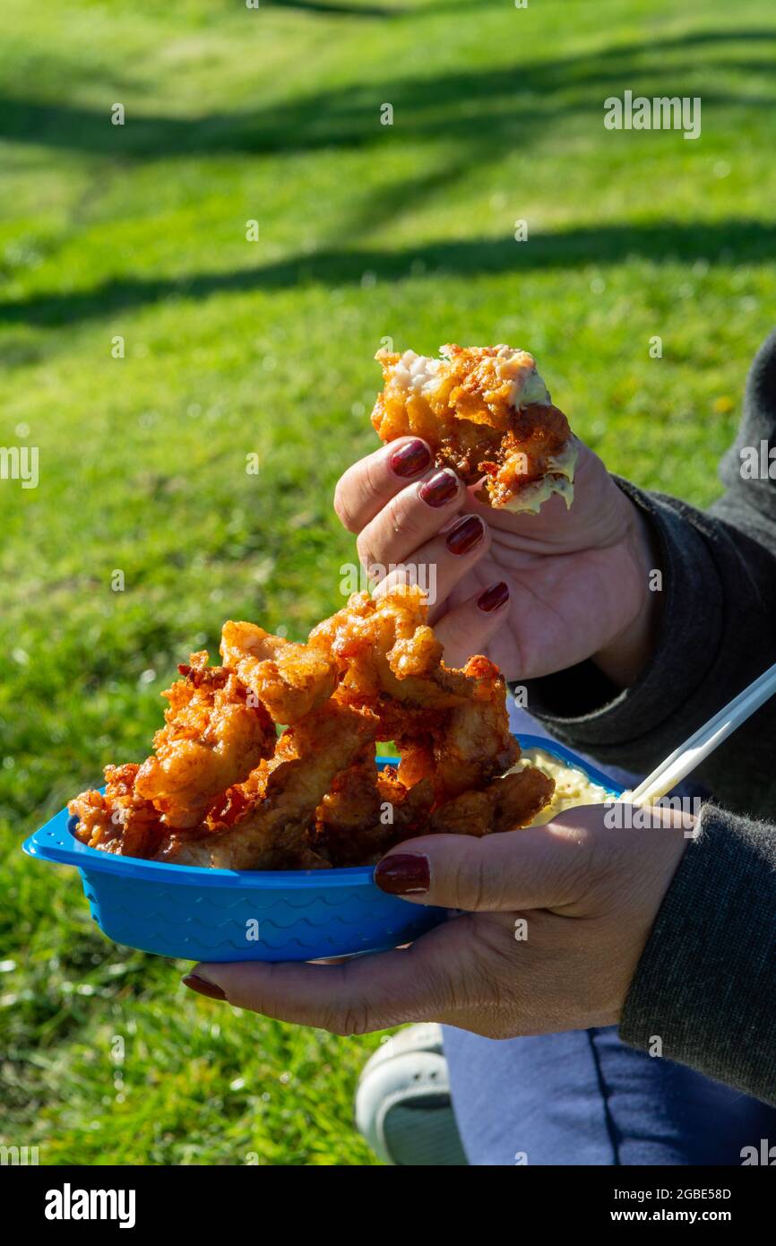 Outdoor eating of diep-fried cod fish pieces served with remoulade ...