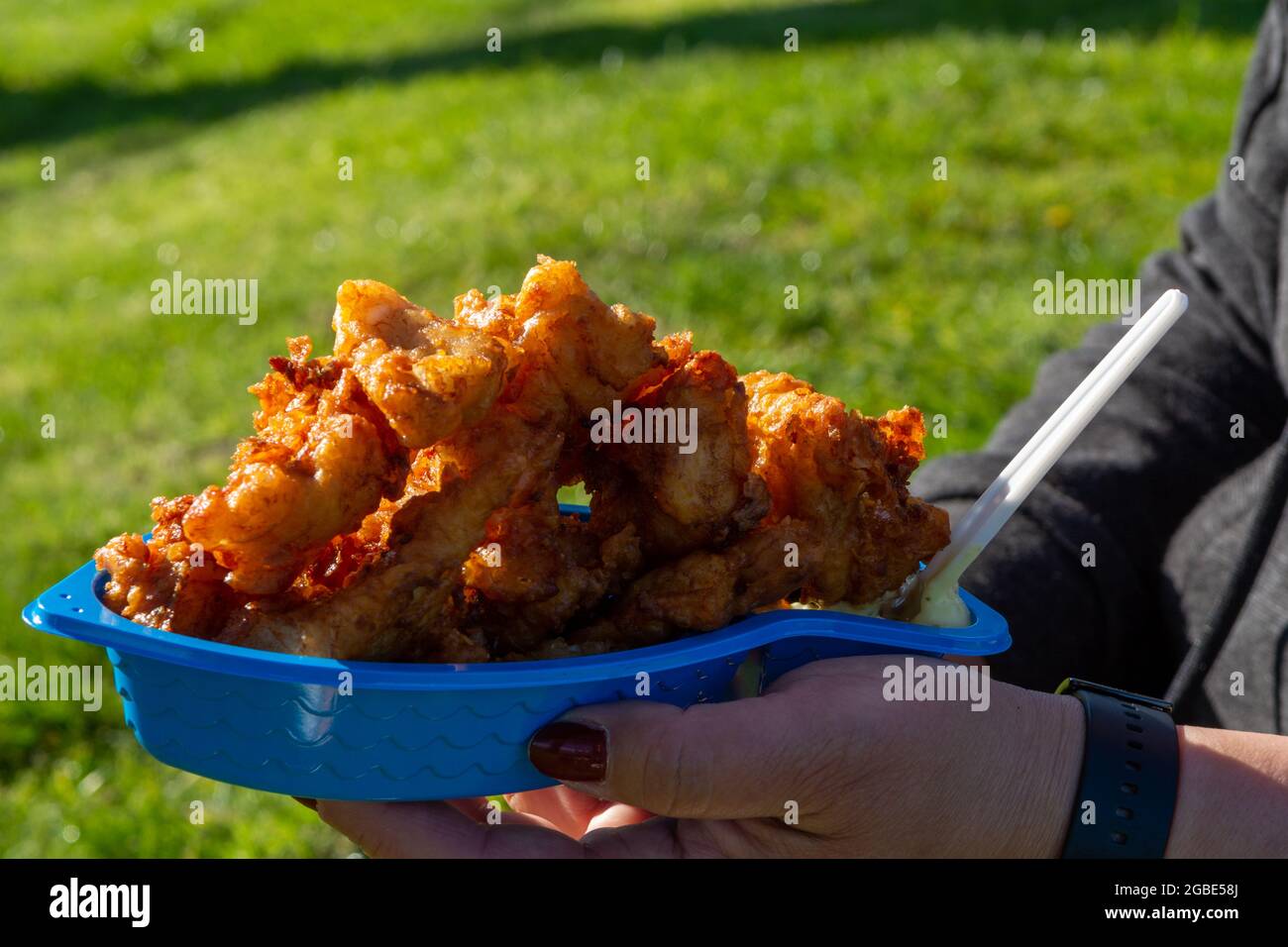 Outdoor eating of diep-fried cod fish pieces served with remoulade ...