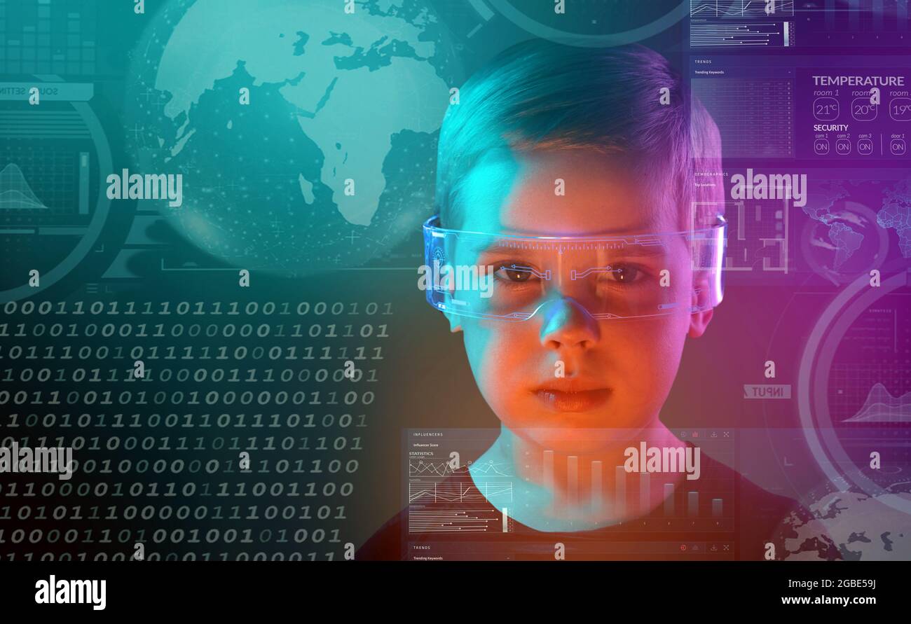 Closeup portrait of a little boy among futuristic technology Stock ...