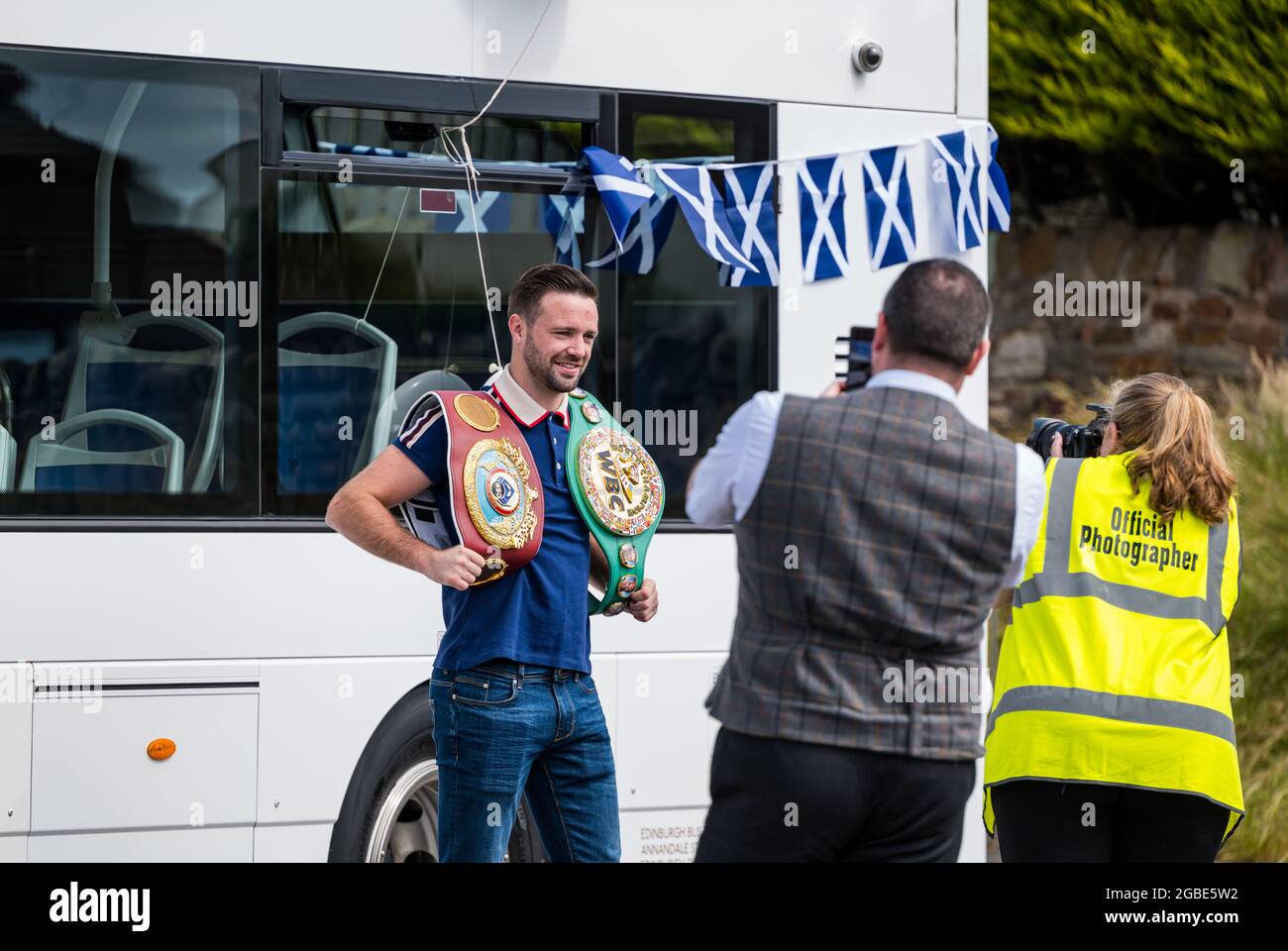 World boxing champion, Josh Taylor, at victory bus tour, Prestonpans ...