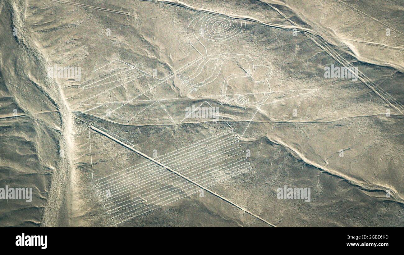 The Monkey Nazca ancient mysterious geoglyph. Nazca lines as seen from ...
