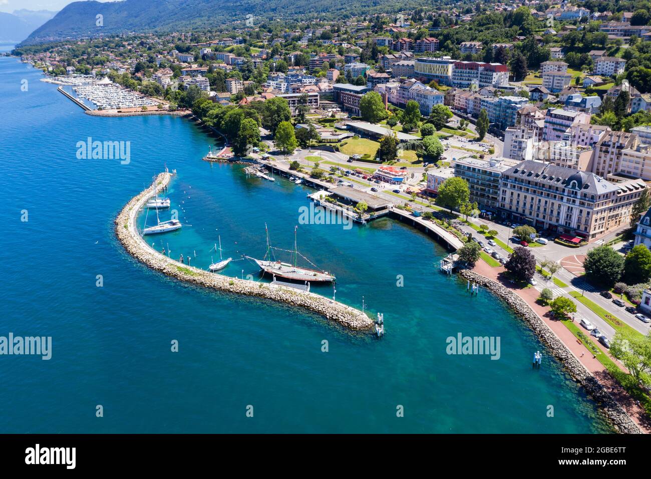 Aerial view of Evian (Evian-Les-Bains) city in Haute-Savoie in France ...