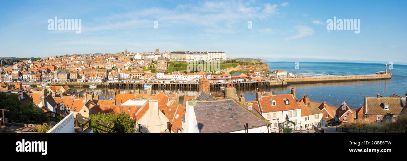 wide angle panorama looking down on Whitby town and harbour in Whitby ...