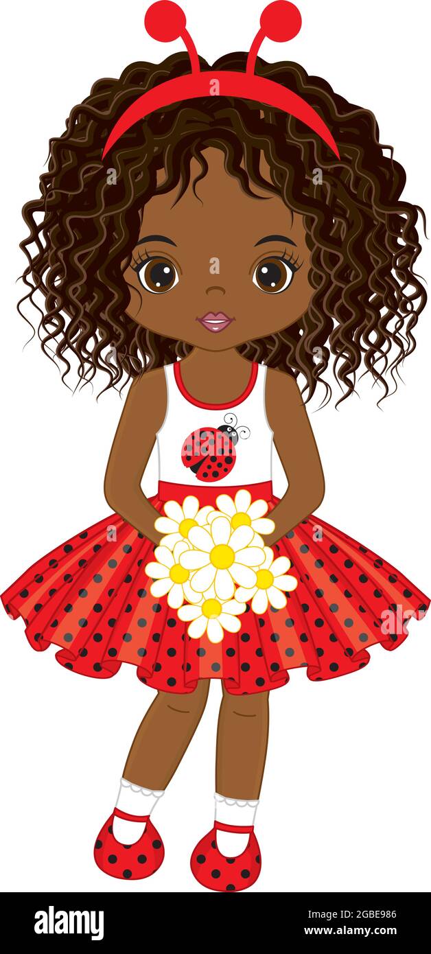 Vector Cute Black Girl Wearing Ladybug Antenna Headband and Holding ...
