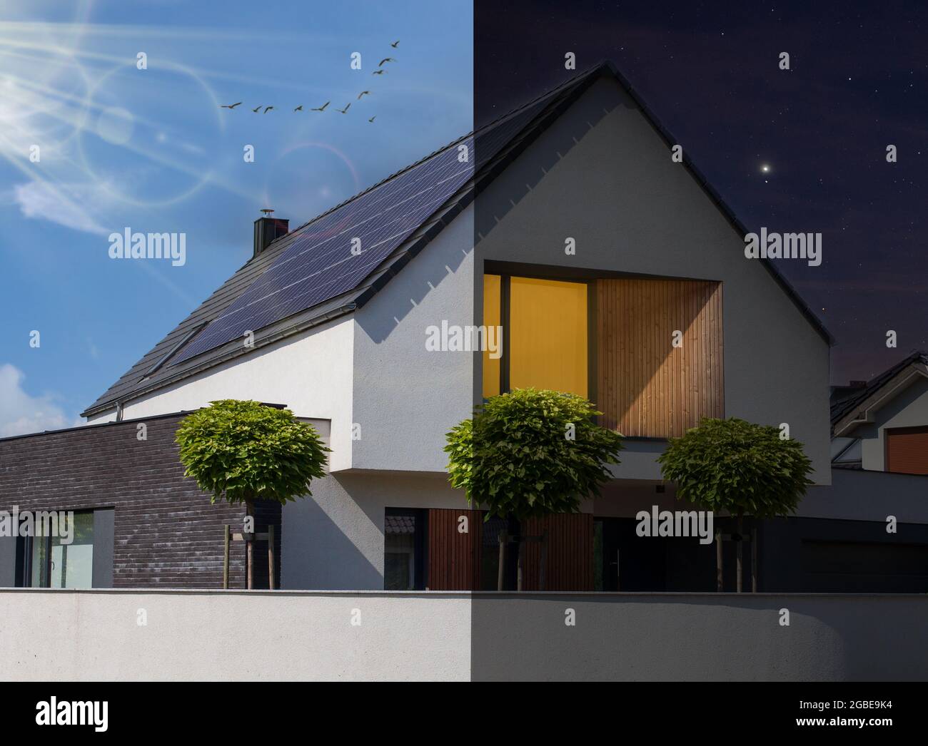 Solar panels on the roof. Beautiful modern house day and night. Ecology ...