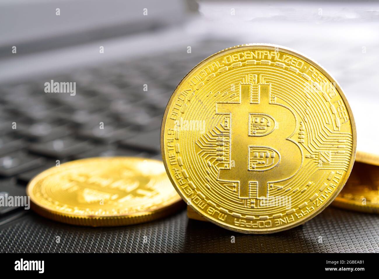 Closeup Of Bitcoin On Laptop, Cryptocurrency bitcoin Concept Stock ...