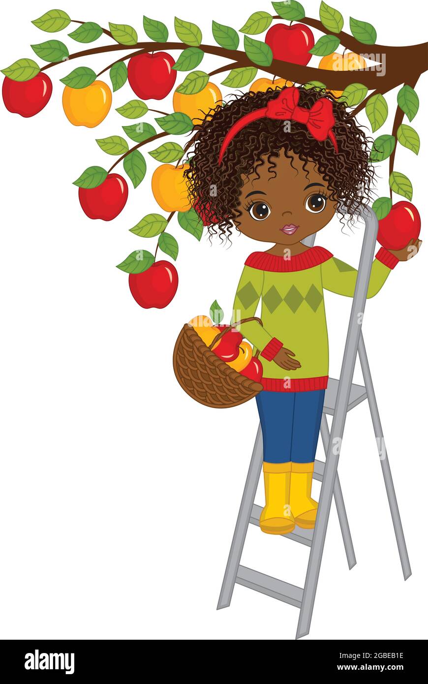 Beautiful Teen Black Girl Picking Apples from the Tree. Vector Young ...