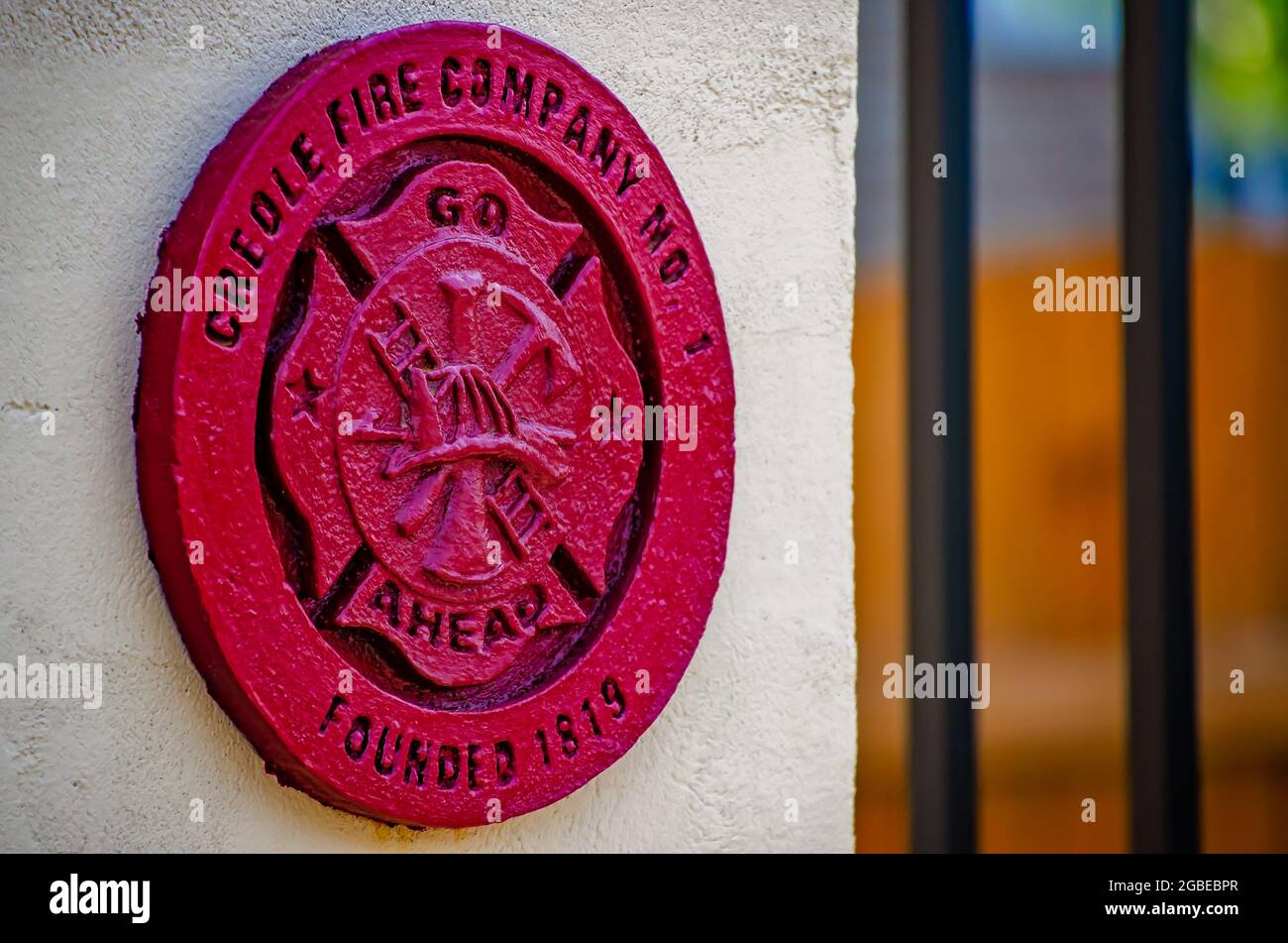 A fire department seal adorns Creole Firehouse #1 in Mobile, Alabama ...