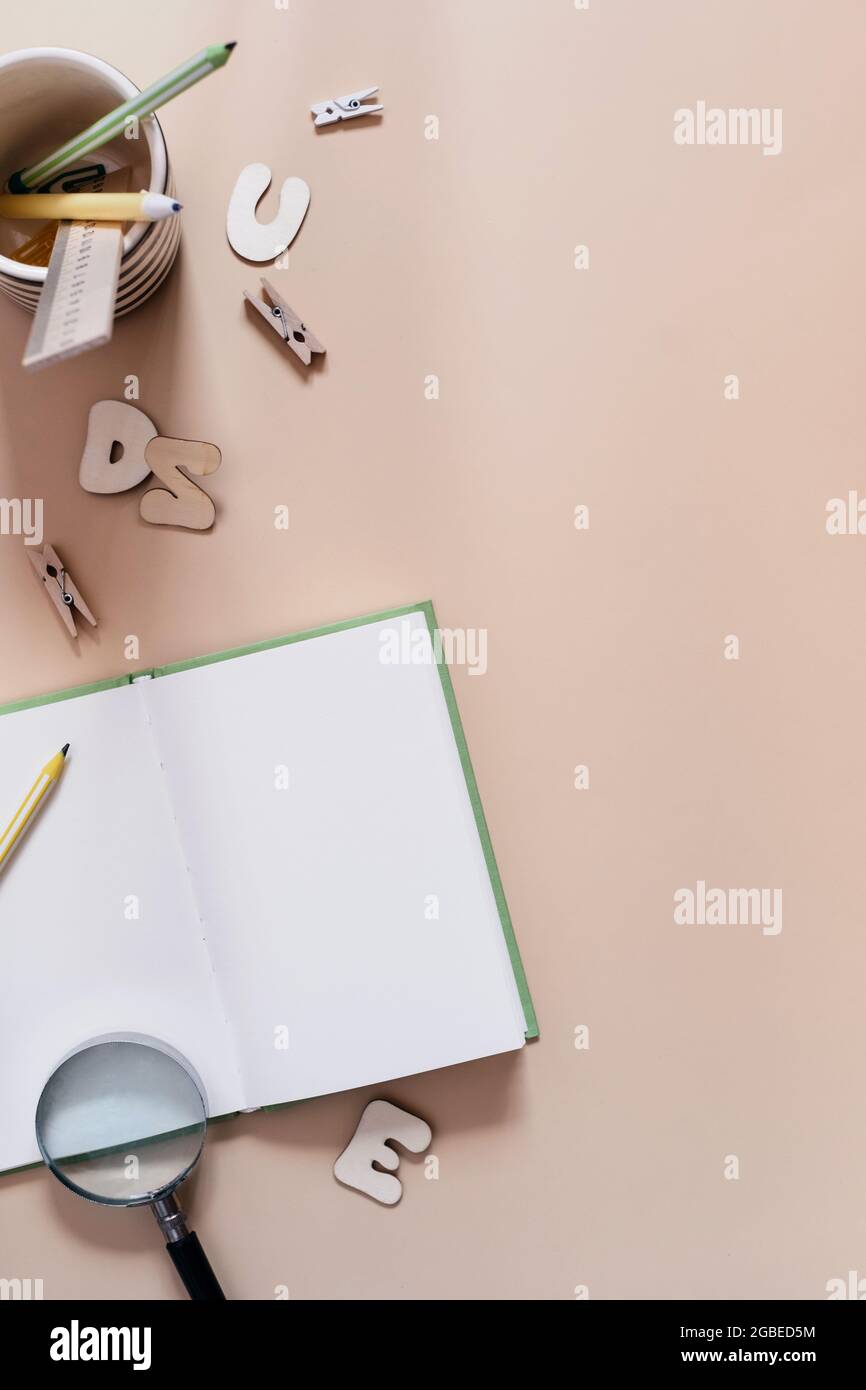 Creative workplace top view. Education, learning, study stationary on ...