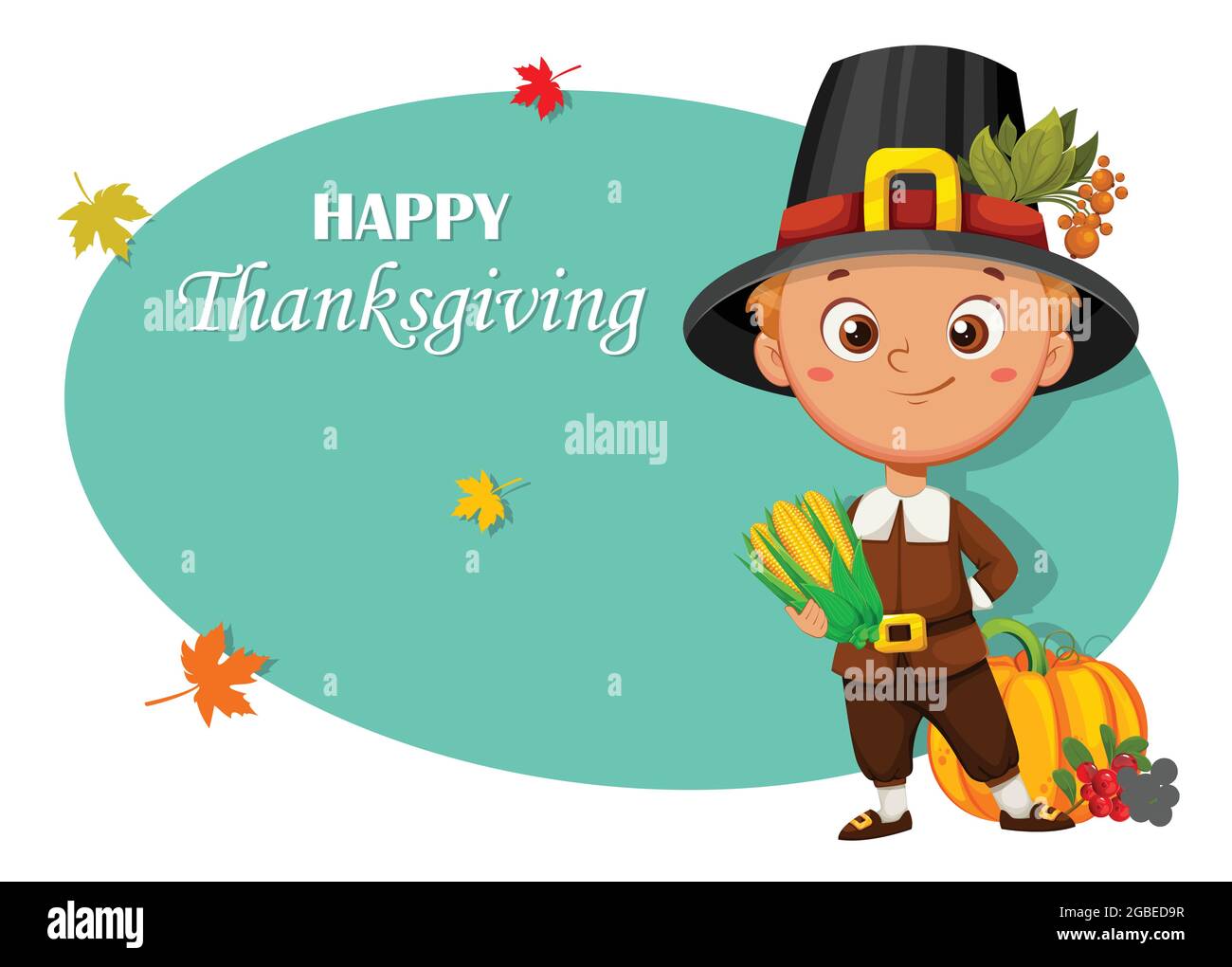 Happy Thanksgiving Day greeting card. Cute little pilgrim boy cartoon ...