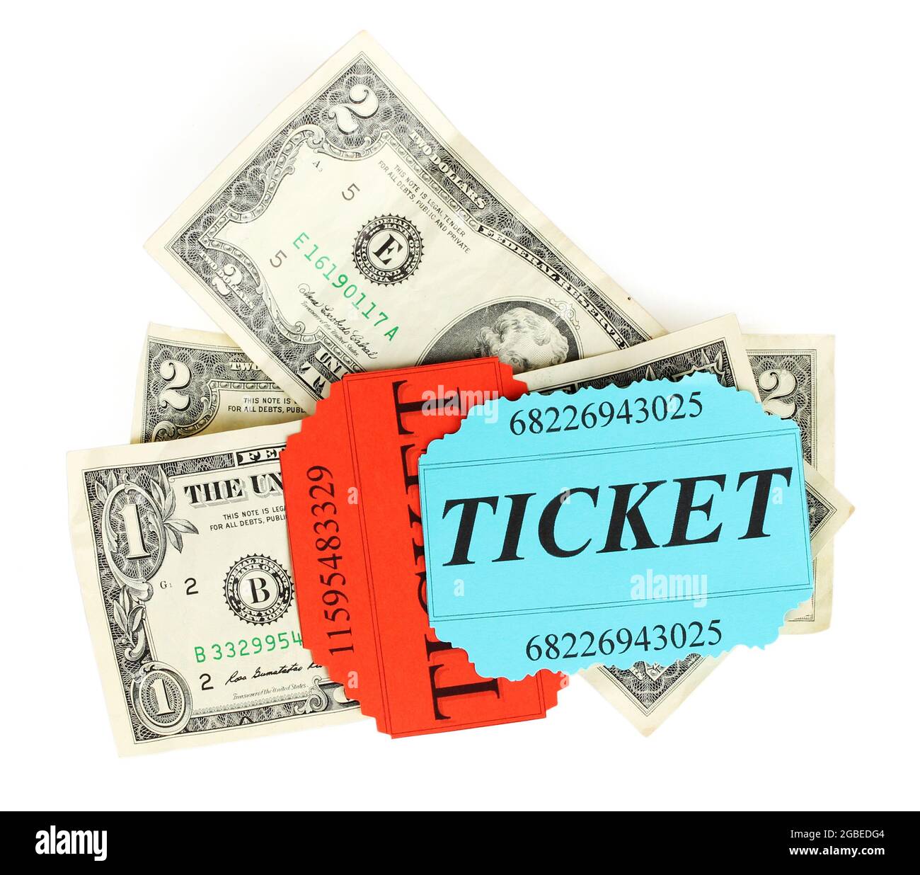 Colorful tickets with money isolated on white Stock Photo - Alamy