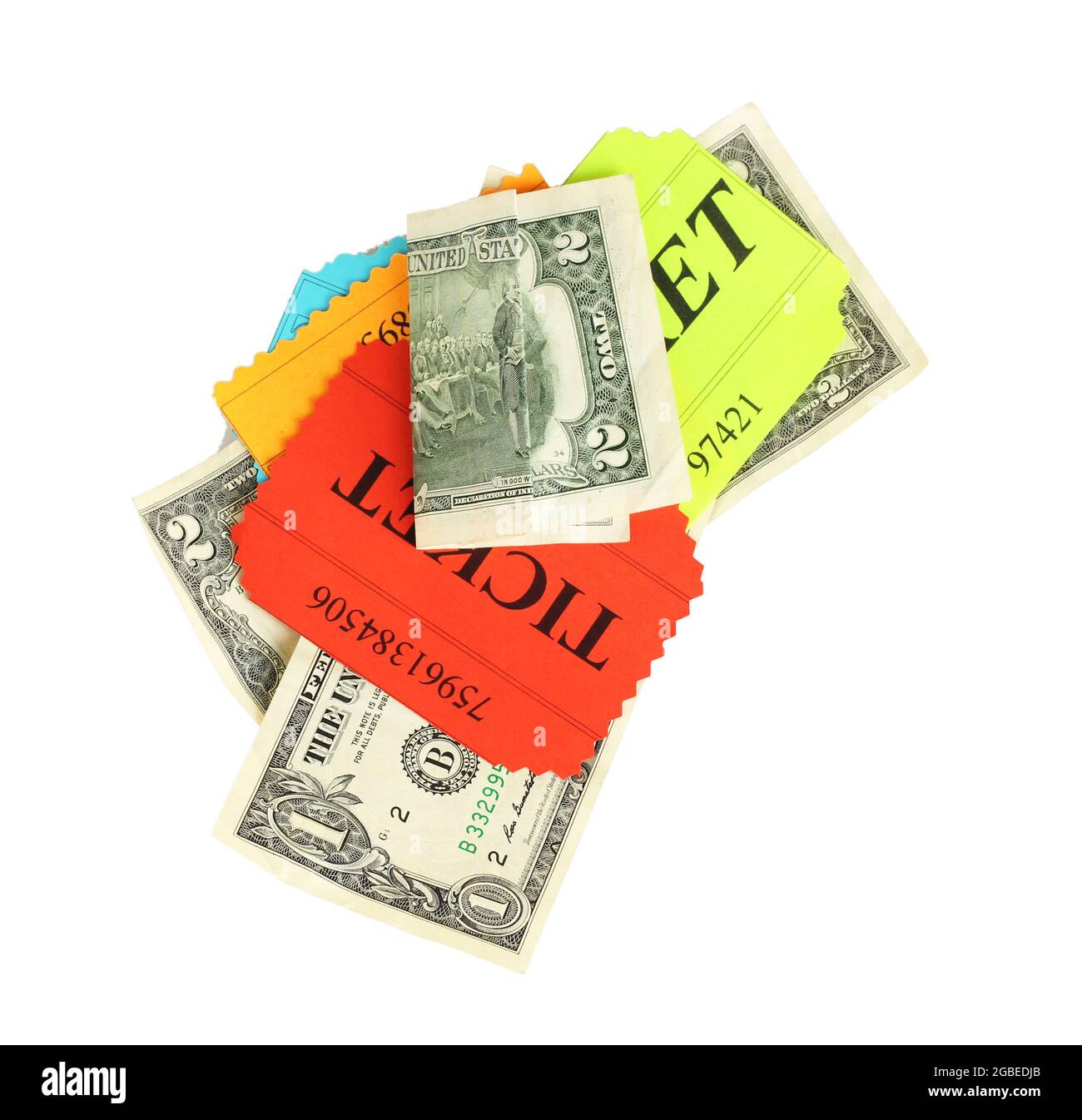 Colorful tickets with money isolated on white Stock Photo - Alamy