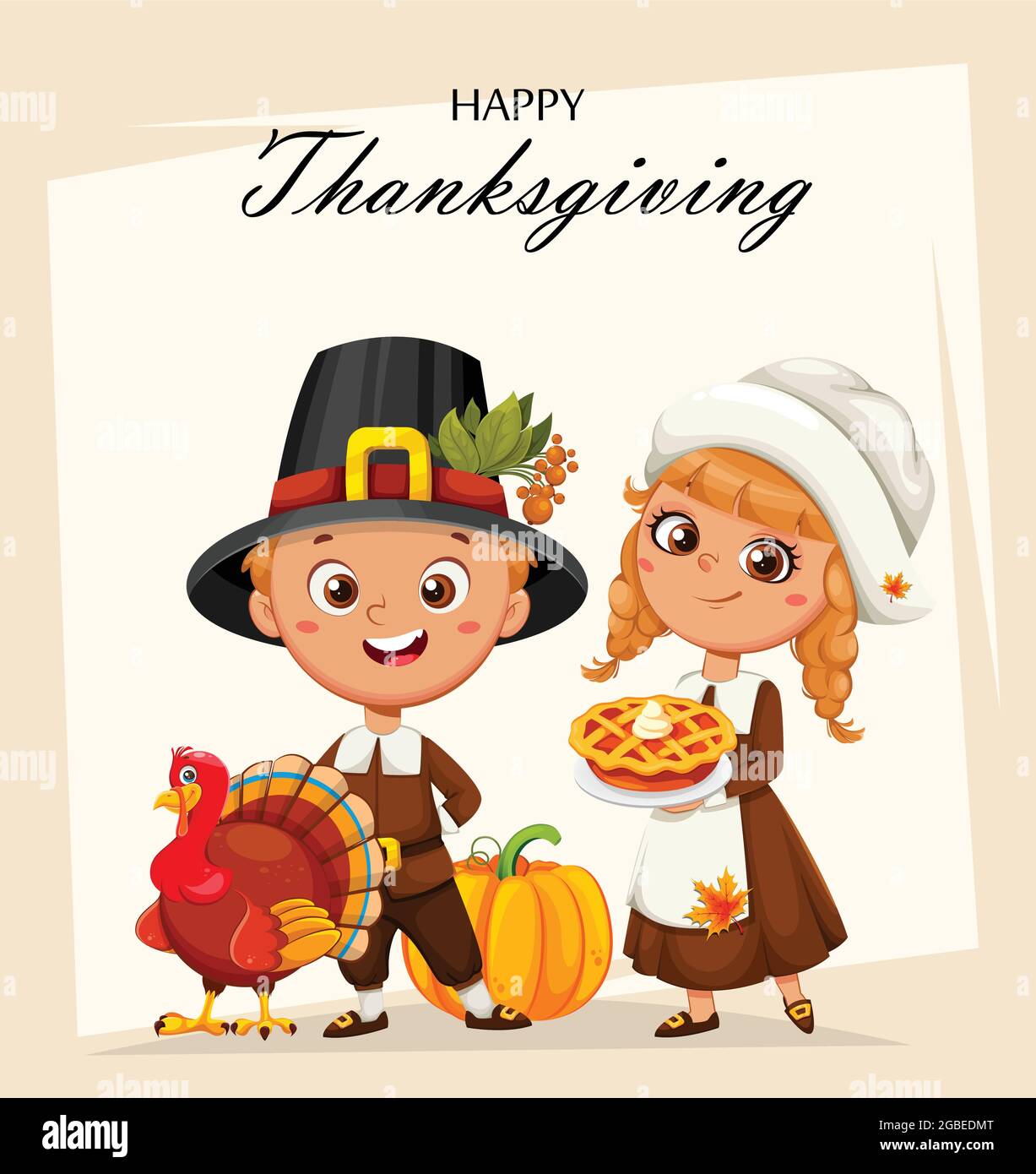 Happy Thanksgiving Day greeting card. Cute little pilgrim boy and girl ...
