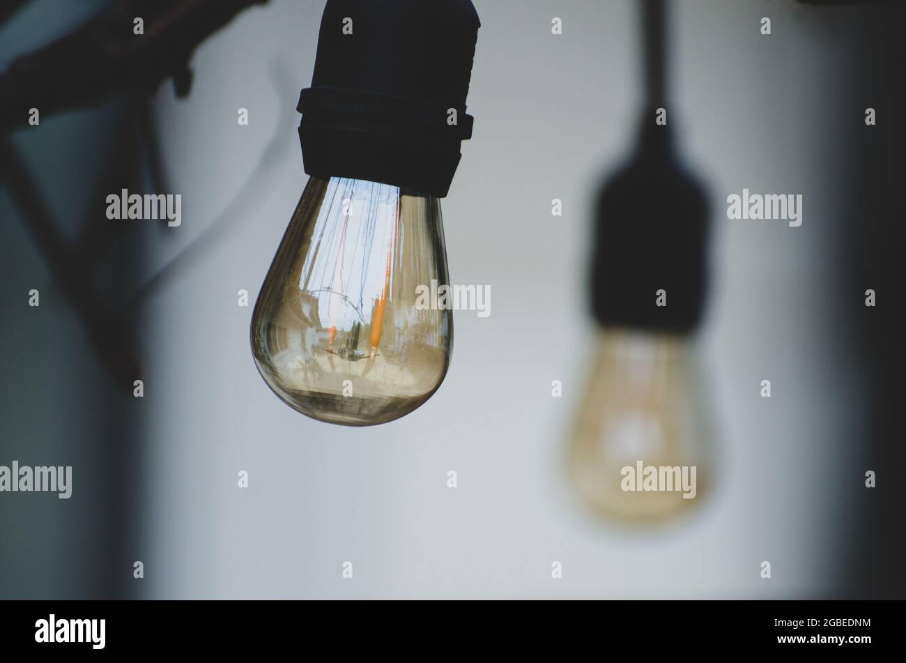 Outdoor Edison bulbs lights hanging from vines Stock Photo - Alamy