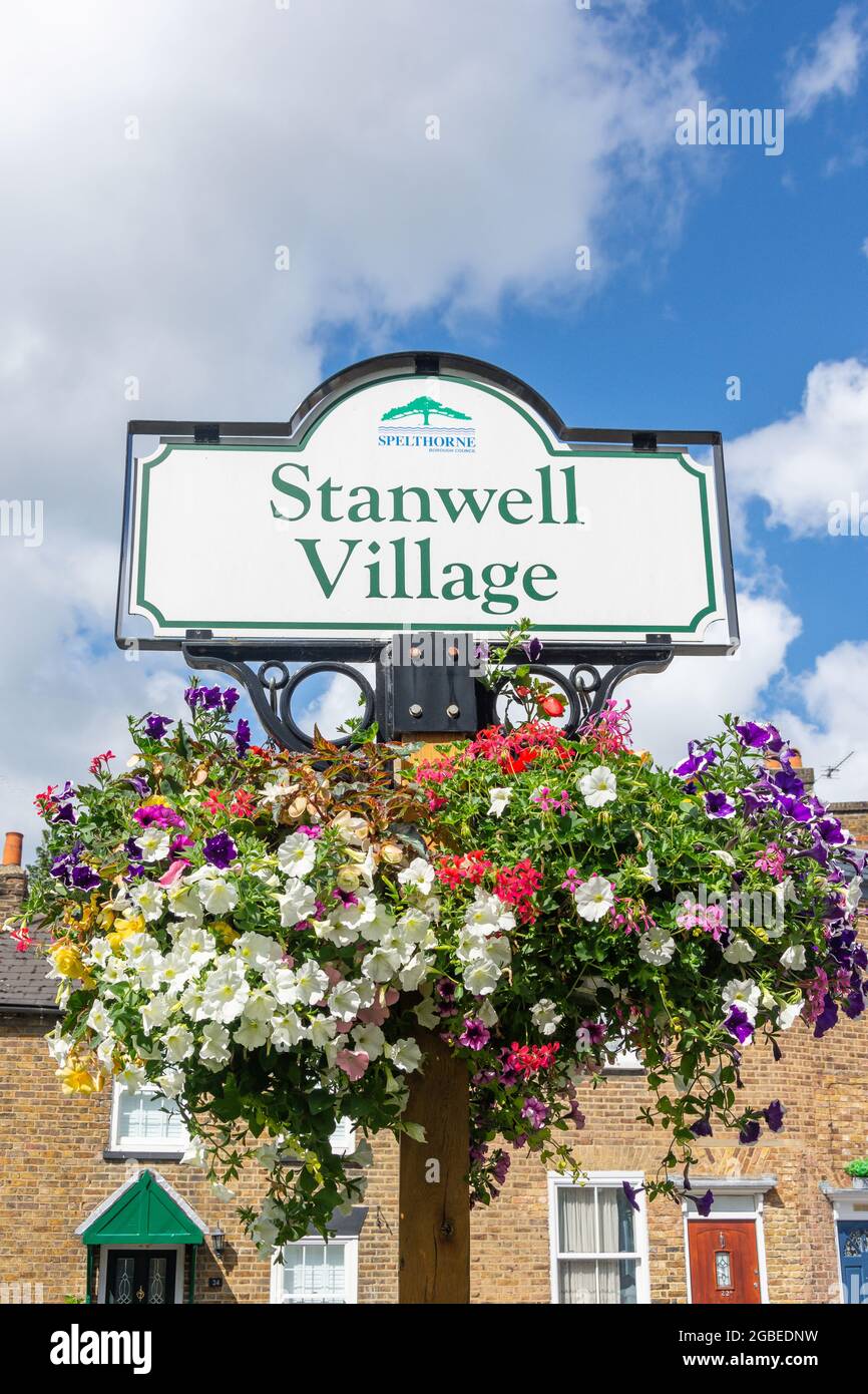 Village sign on Green, High Street, Stanwell Village, Stanwell, Surrey ...