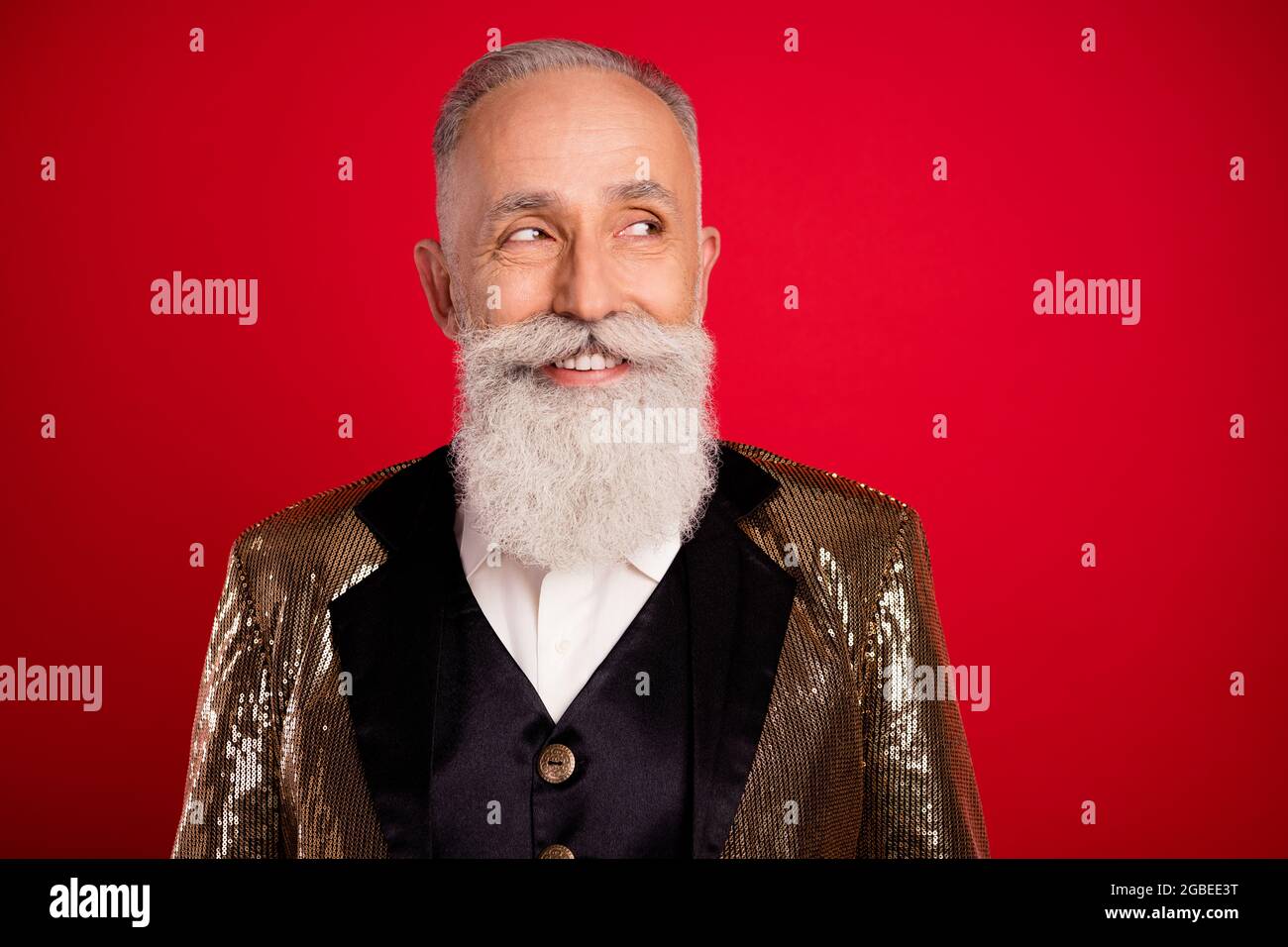 Photo Of Optimistic Grey Beard Elder Man Wear Gold Suit Isolated On Red