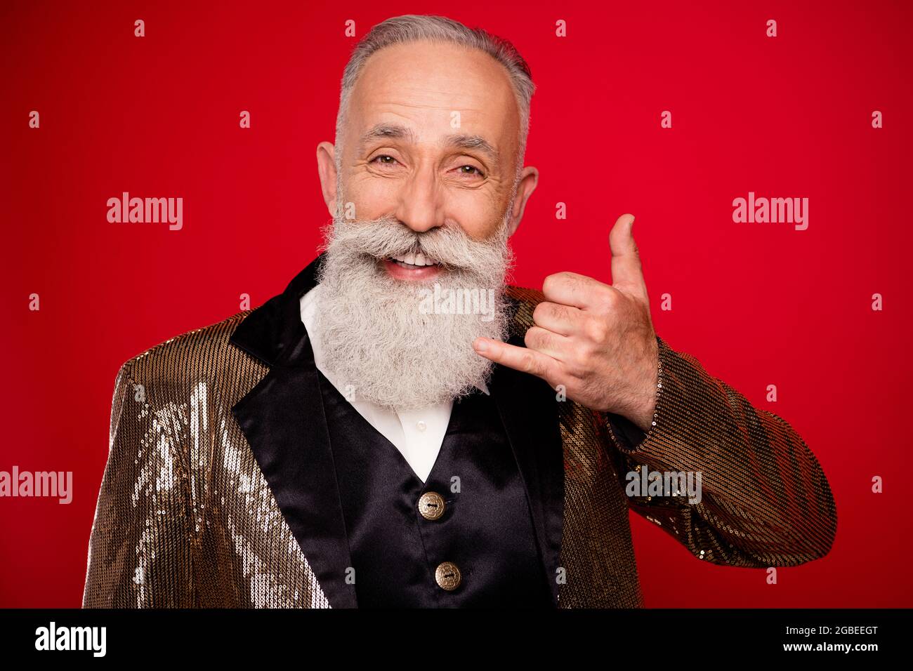 Photo Of Funny Grey Beard Elder Man Show Telephone Wear Gold Suit