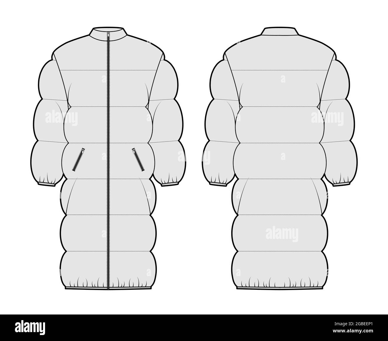 Down Puffer Coat Jacket Technical Fashion Illustration With Long