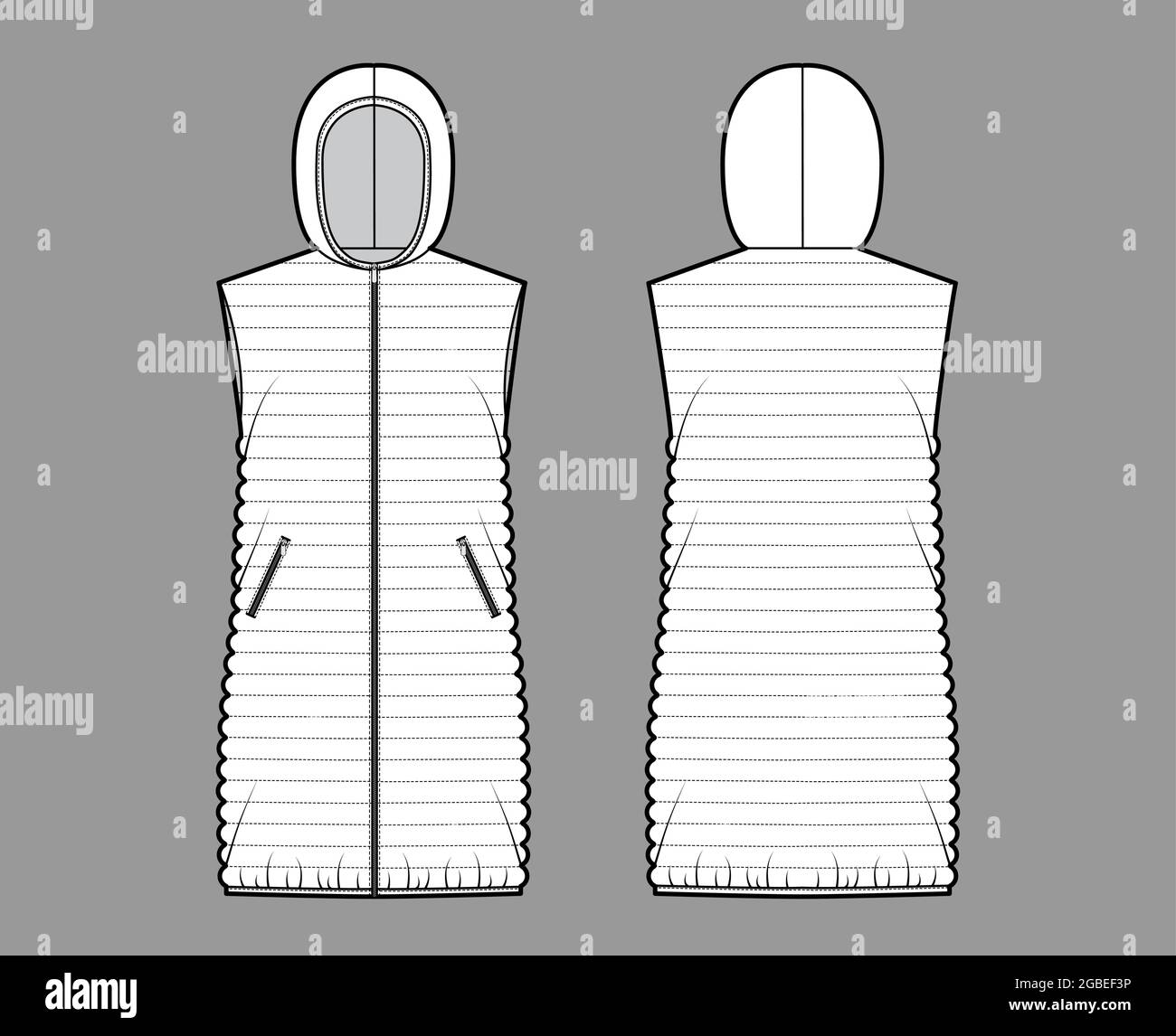 Down vest puffer waistcoat technical fashion illustration with ...