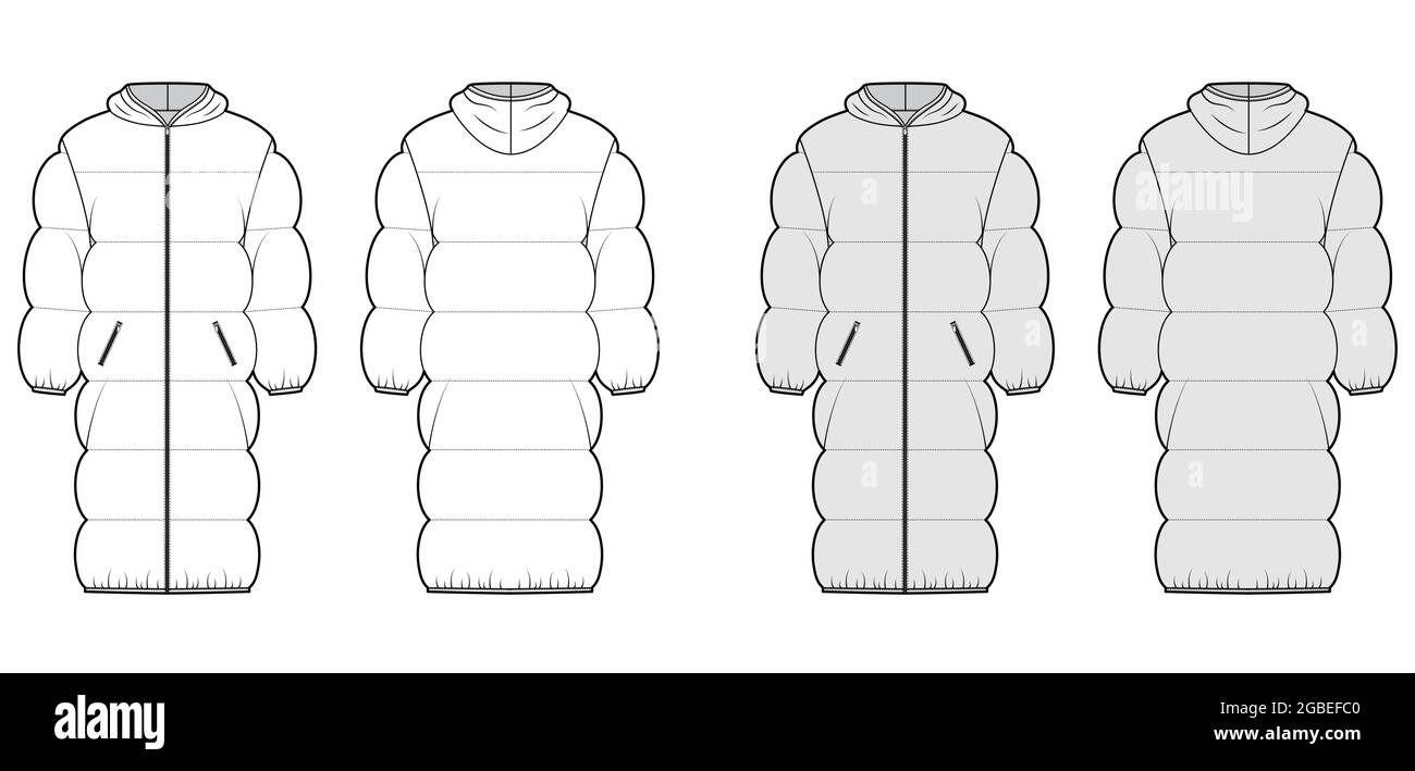 Down puffer coat jacket technical fashion illustration with hoody ...