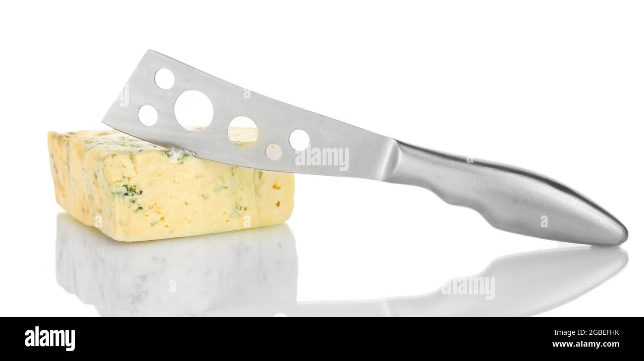Cheese with mold and knife isolated on white background Stock Photo - Alamy