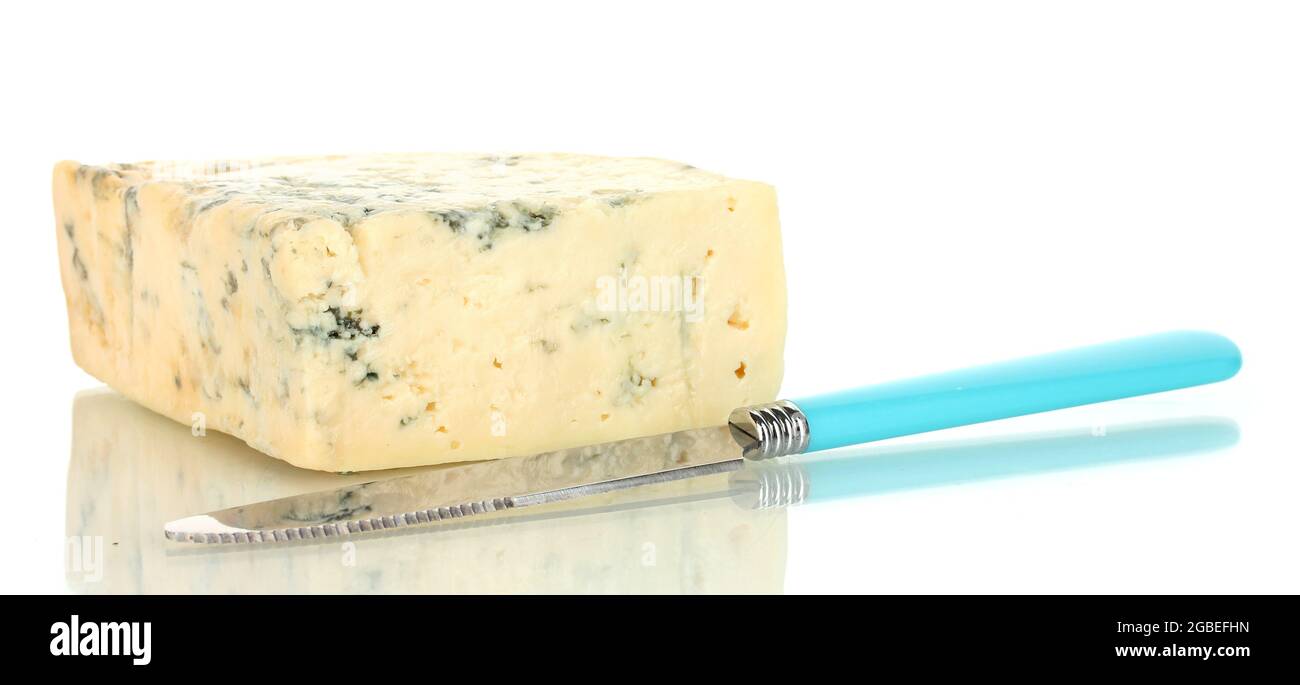 Cheese with mold and knife isolated on white background Stock Photo - Alamy